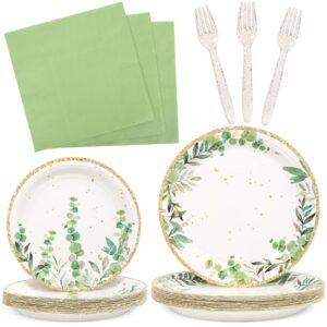 decorlife sage green paper plates serves 24, baby shower plates and napkins set for greenery bridal shower birthday party, total 96pcs