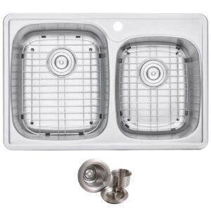 cozyblock 33 x 22 x 9 inch 60/40 offset top-mount/drop-in stainless steel double bowl kitchen sink with strainer and protective bottom grid - 18 gauge stainless steel-1 faucet hole