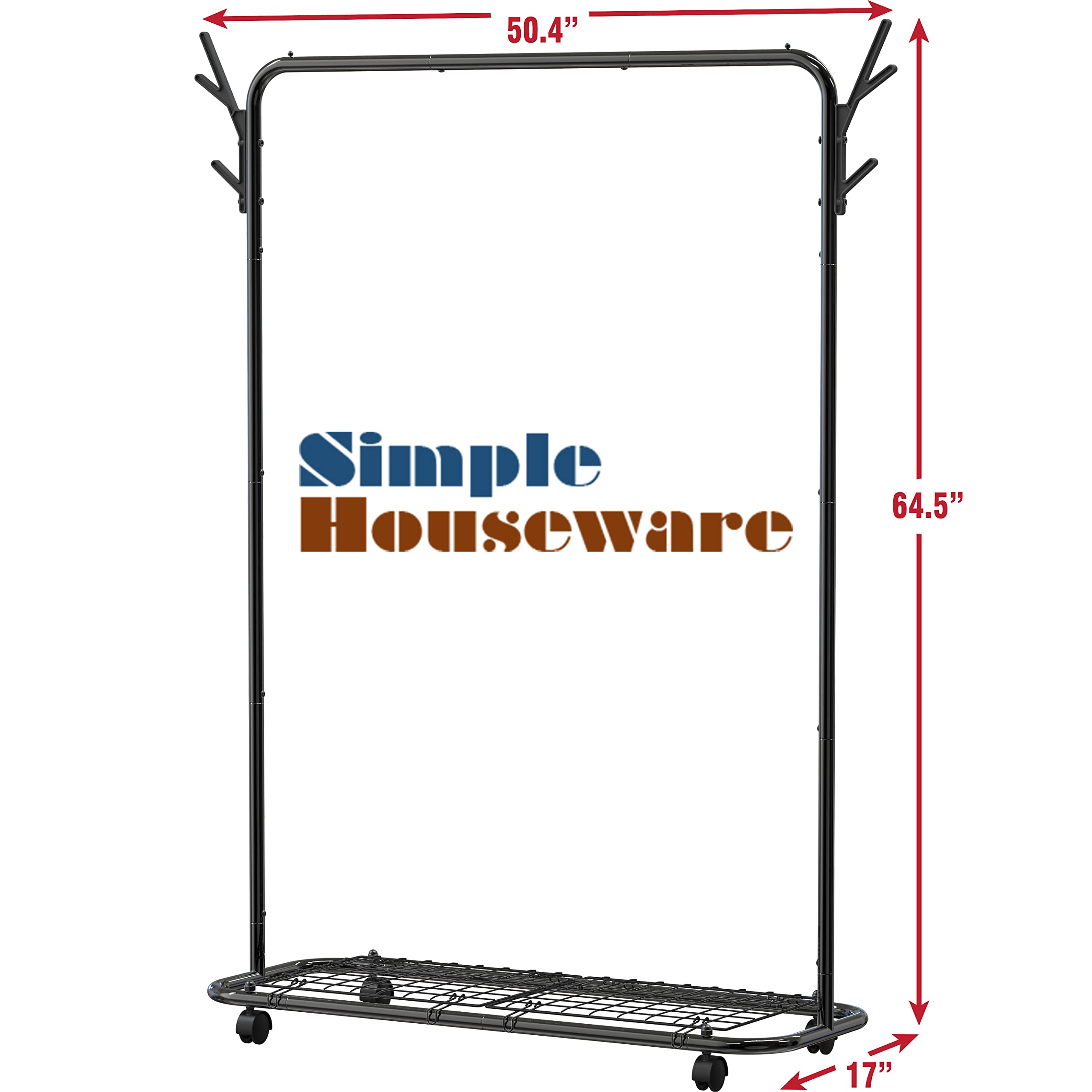 Simple Houseware Industrial Style Garment Rack With Wheels And Hooks, Black