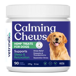 calming hemp chews for dogs - pet supplements for anxiety relief & stress, thunderstorms, barking and fireworks - chicken & bacon flavour - 90 treats