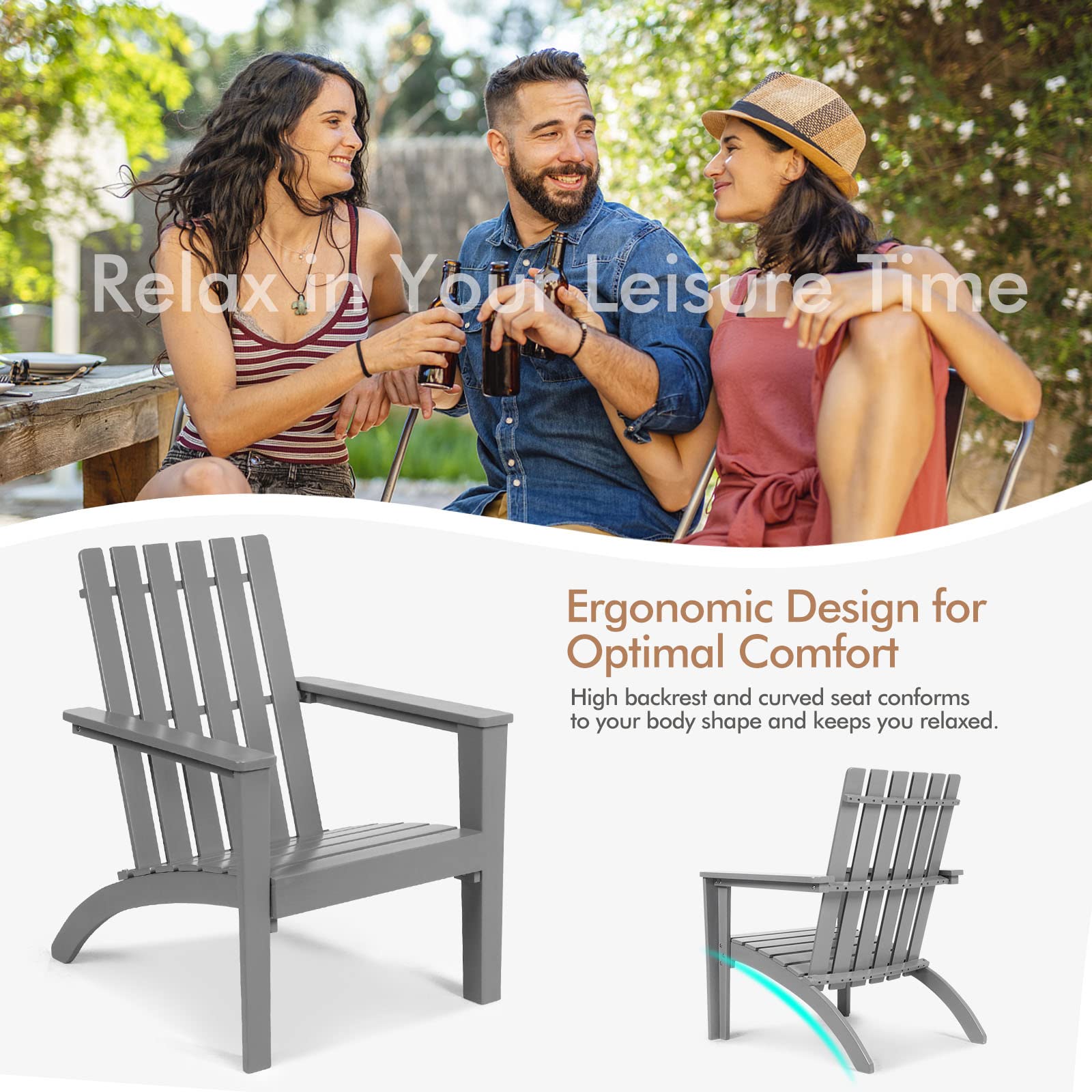 Tangkula Adirondack Chair Acacia Wood Outdoor Armchairs, Weather Resistant for Patio Garden Backyard Deck Fire Pit, Lawn Porch Furniture & Lawn Seating, Campfire Chairs, Adirondack Lounger (1, Grey)