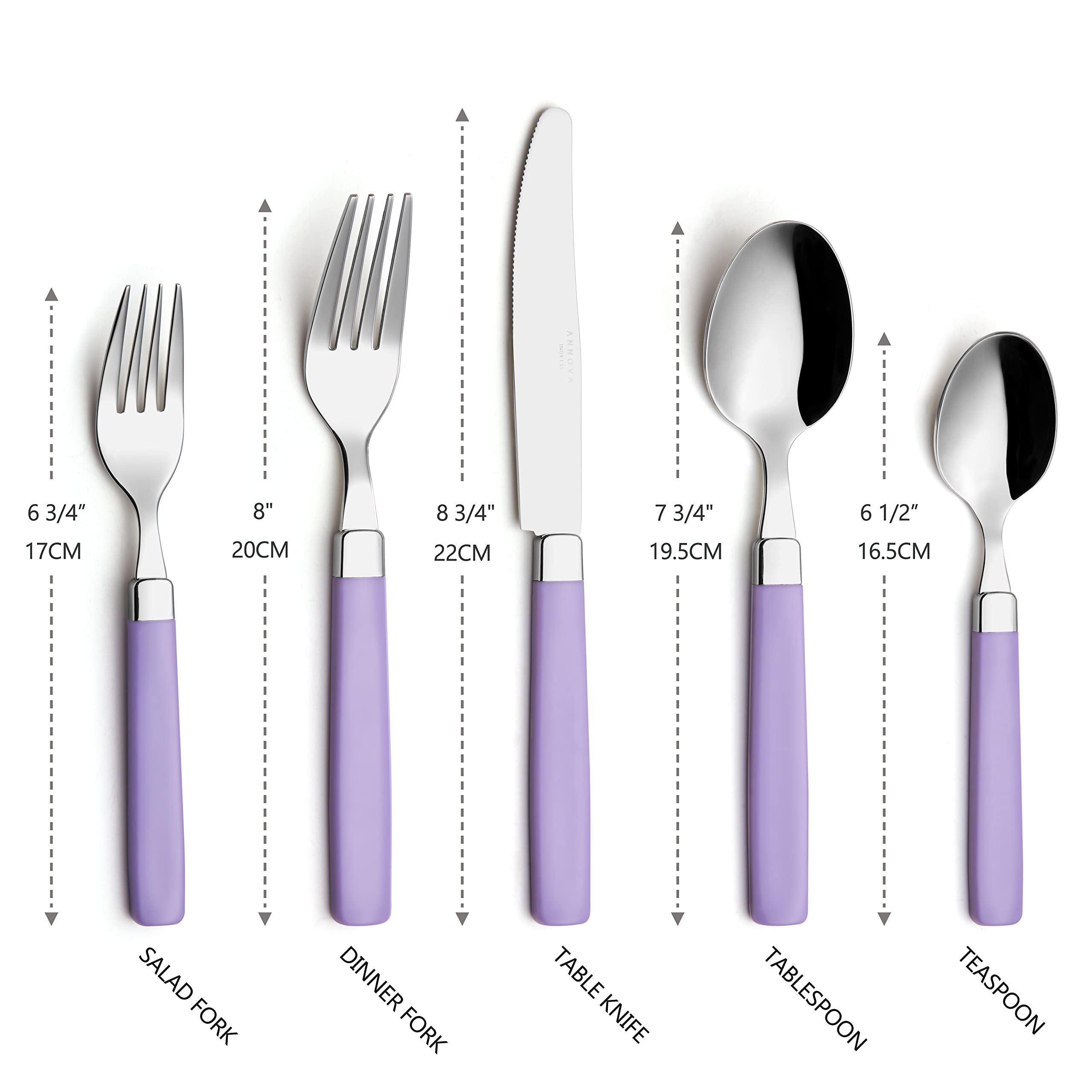 ANNOVA 20 Pieces Stainless Steel Flatware/Cutlery Set - Color Handles - 4 x Dinner Forks, 4 x Salad Forks, 4 x Dinner Knives, 4 x Dinner Spoons, 4 x Dessert Spoons - Service for 4 (Lilac, 20 Pieces)