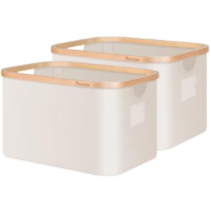 dakcos 2 pack foldable storage basket with handles bamboo rim collapsible fabric storage basket for storage clothes,toys,etc. 32l,beige