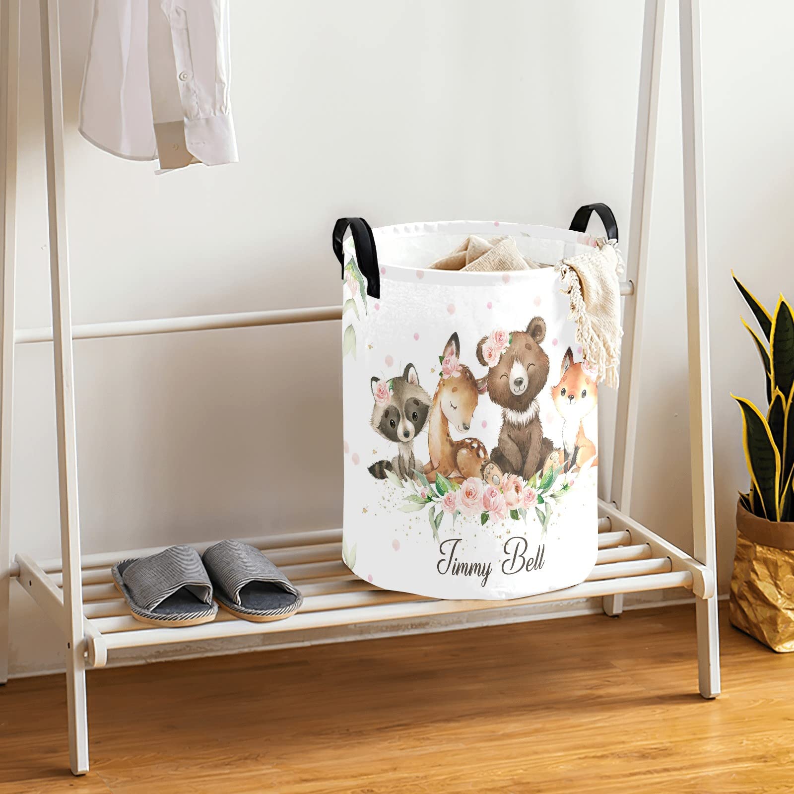 Floral Cute Woodland Animals Personalized Laundry Hamper with Handles Waterproof,Custom Collapsible Laundry Bin,Clothes Toys Storage Baskets for Bedroom,Bathroom Decorative Large Capacity 50L