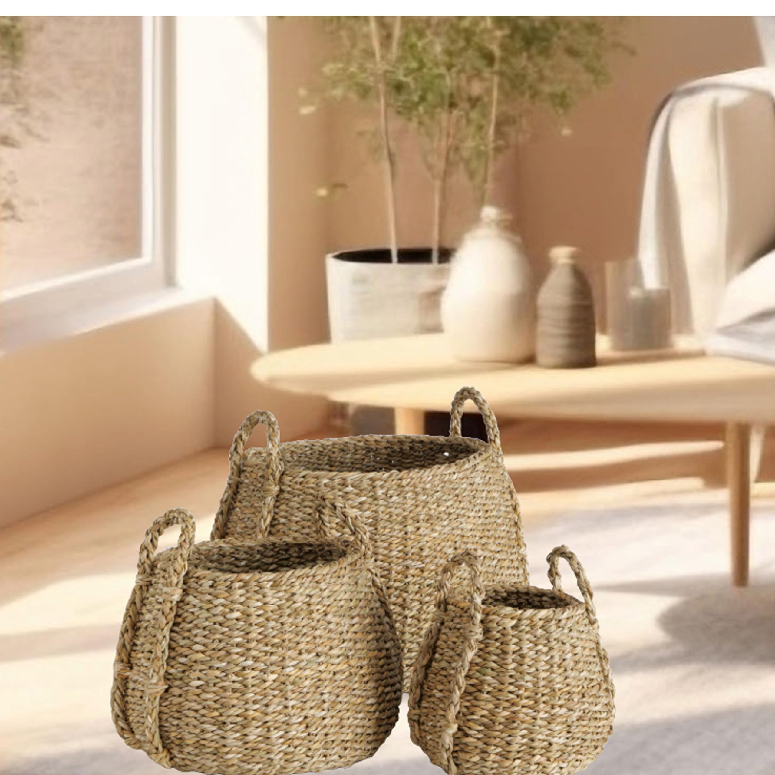 Made by Nature Handwoven Belly Baskets, Set of 3, Chunky Weave, Seagrass, 9.75, 11.75, and 13,75 Inches Tall