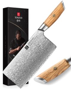 xinzuo cleaver knife 7.5 inch, 73 layer damascus steel powder steel core chinese chef's knife, multifunction vegetable meat slicing knife with olive wood handle -lan series