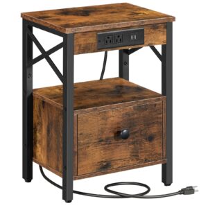 hoobro nightstand with charging station, end table with drawer, usb ports and power outlets, farmhouse nightstand bedside table for bedroom, space saving, rustic brown bf128ubz01g1