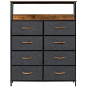 lyncohome dresser for bedroom with shelves, chest of drawers for bedroom, closet, clothes, bureau, sturdy steel frame, wood top, removable fabric drawers (charcoal)