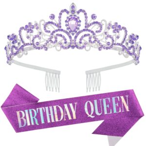 birthday crowns for women, didder purple crystal tiara & birthday queen sash, birthday tiara for women birthday sash for women girls birthday sash and tiara for women gift crown for bridal wedding