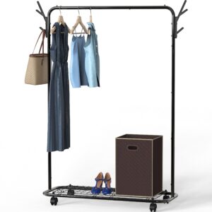 simple houseware industrial style garment rack with wheels and hooks, black