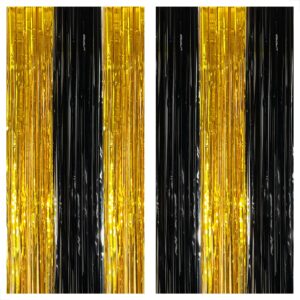 katchon, xtralarge black and gold streamers - 8x3.2 feet, pack of 2 | black and gold fringe curtain for black and gold party decorations | black and gold backdrop, graduation decorations 2024