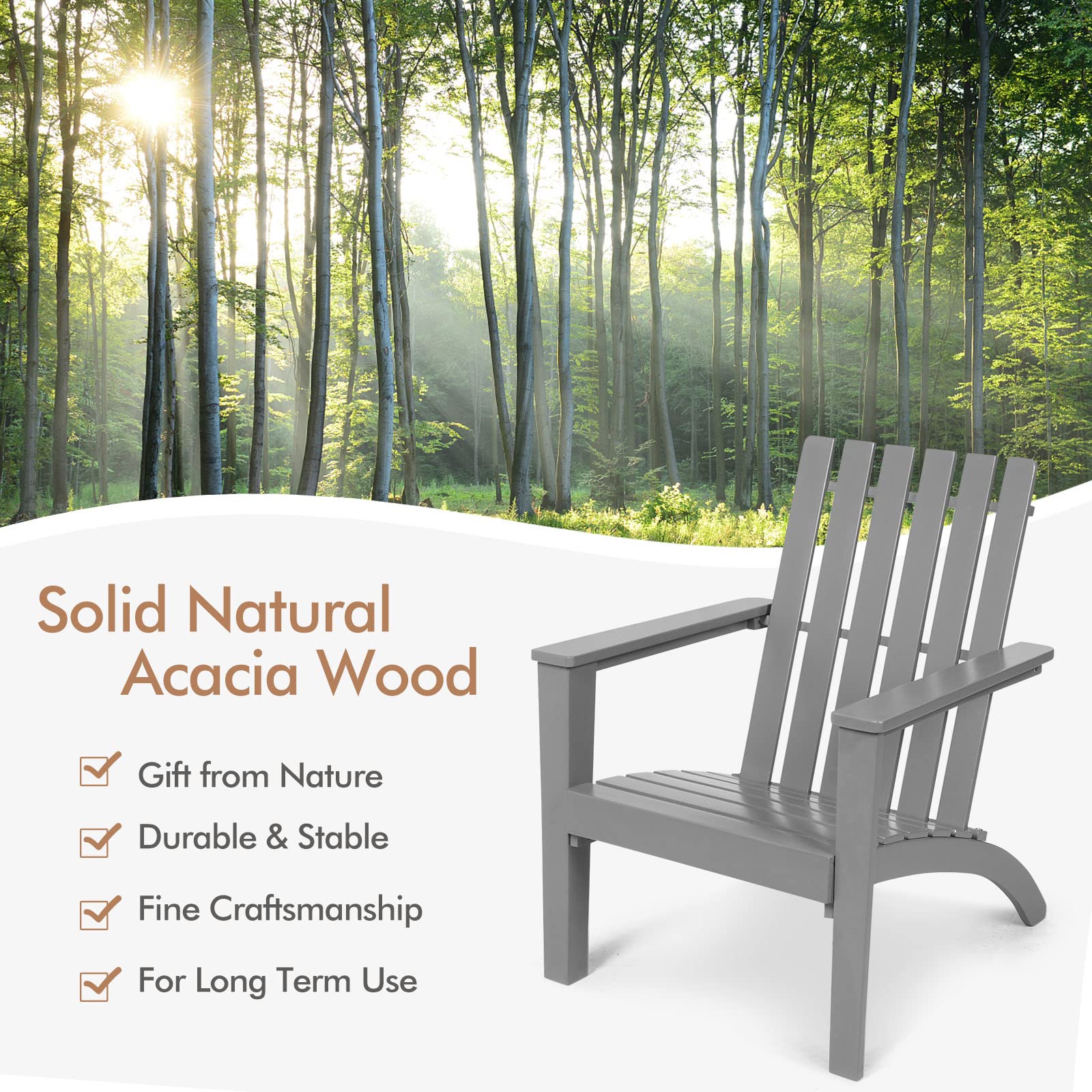 Tangkula Adirondack Chair Acacia Wood Outdoor Armchairs, Weather Resistant for Patio Garden Backyard Deck Fire Pit, Lawn Porch Furniture & Lawn Seating, Campfire Chairs, Adirondack Lounger (1, Grey)