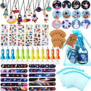 84 pcs outer space party favors space birthday decorations space tattoos space slap bracelet astronaut pendants badges keychains thank you cards gift bags for boy kids galaxy birthday party supplies