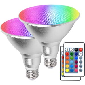 kuniwa 2 pack rgb par38 flood light outdoor with remote, 30w=90w, waterproof led color changing light bulbs, 3000k warm white, 1800lm, christmas party decor dimmable lamp