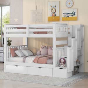 full over full bunk bed with shelves and 6 storage drawers, solid wooden bunk bed frame with storag staircase, safety guardrail for kids teens adults, no box spring needed (white)