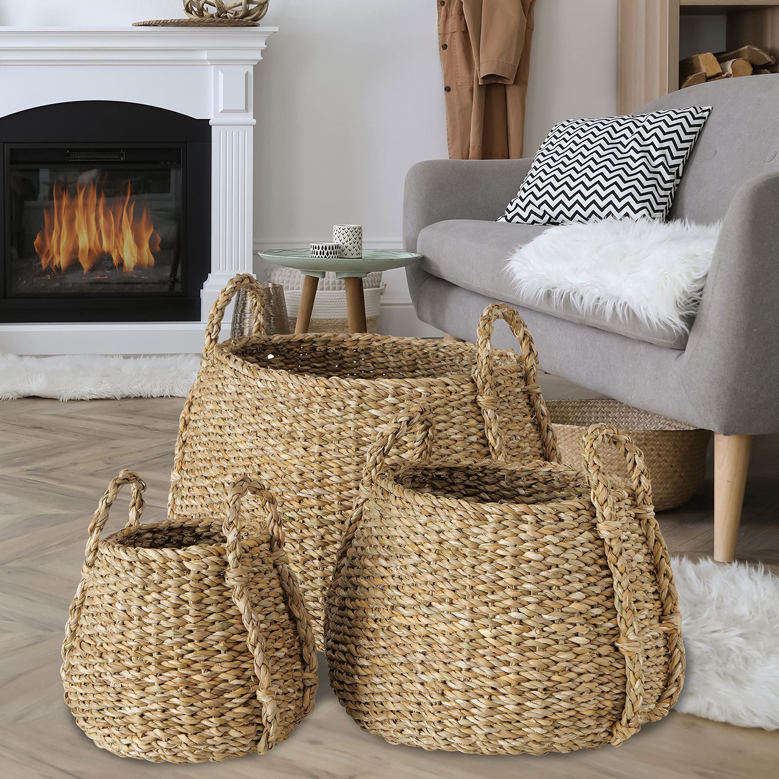 Made by Nature Handwoven Belly Baskets, Set of 3, Chunky Weave, Seagrass, 9.75, 11.75, and 13,75 Inches Tall