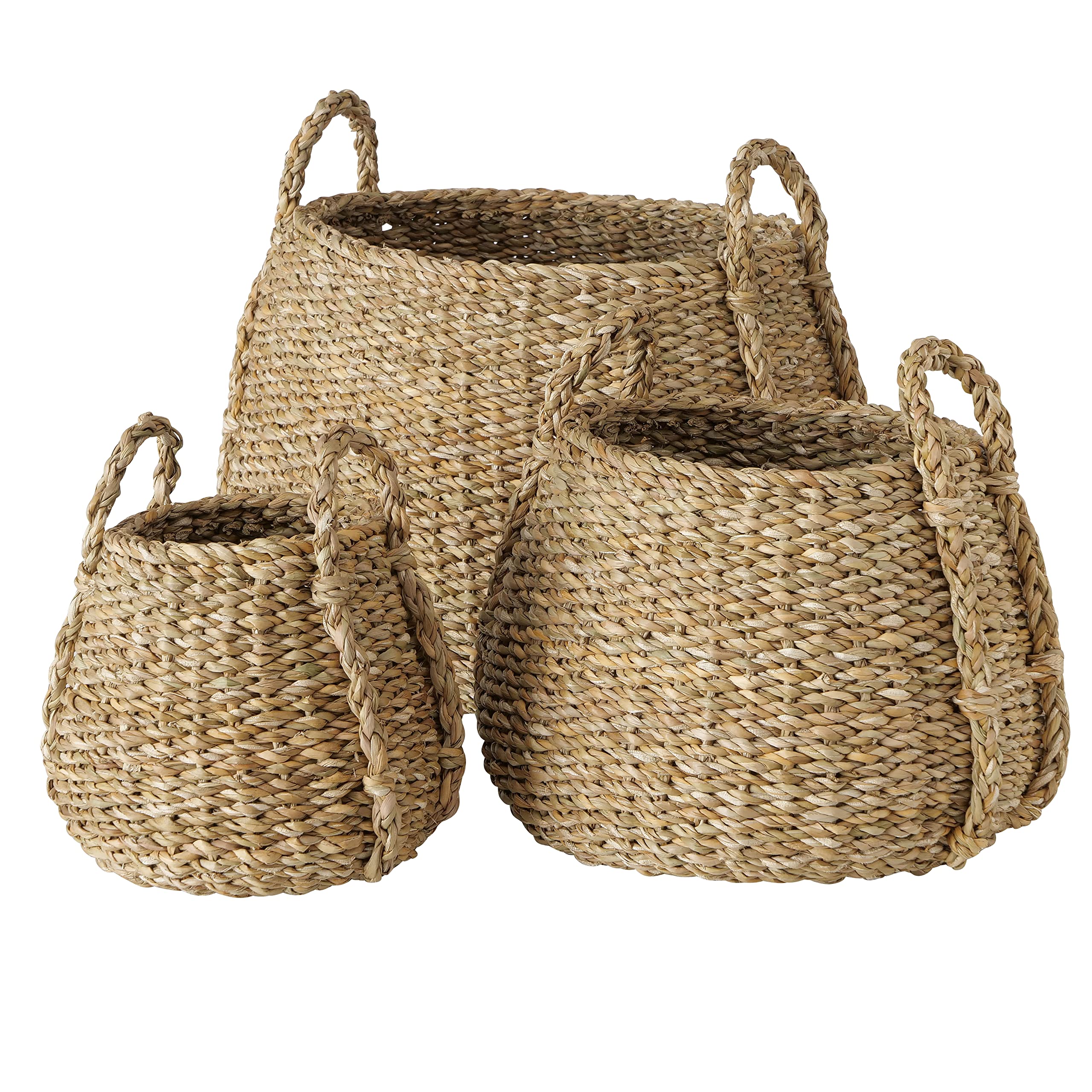 Made by Nature Handwoven Belly Baskets, Set of 3, Chunky Weave, Seagrass, 9.75, 11.75, and 13,75 Inches Tall