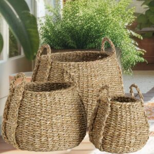 Made by Nature Handwoven Belly Baskets, Set of 3, Chunky Weave, Seagrass, 9.75, 11.75, and 13,75 Inches Tall