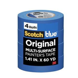 scotchblue original multi-surface painter's tape, 1.41 inches x 60 yards, 4 rolls, blue, paint tape protects surfaces and removes easily, multi-surface painting tape for indoor and outdoor use