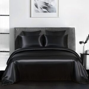 nayoroom black satin silk duvet cover queen size luxury solid color bedding set 3 pieces summer cooling soft smooth silky comforter cover with zipper closure corner ties gifts for women men