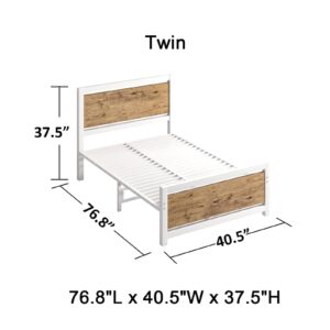 Catrimown Twin Bed Frames, Metal Twin Bed Frame with Headboard and Wooden Steel Slat Support, Heavy Duty Metal Platform Bed Frame, Under Bed Storage, No Box Spring Needed, White