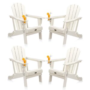 vingli plastic adirondack chairs set of 4, folding with cup holder, waterproof hdpe material, comfortable 380lb weight capacity for outdoor pool patio lounge chair lawn furniture firepit (white)