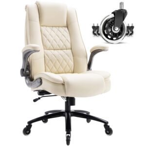 ezaki high back office chair-flip-up arms executive computer desk chair, built-in lumbar support thick padded adjustable rock tension ergonomic design for back pain (beige)