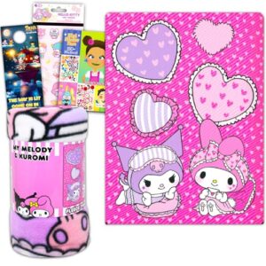 hello sanrio sanrio hello kitty fleece blanket set - my melody and kuromi blanket bundle with hello kitty stickers and more for kids full