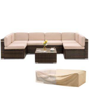 udpatio outdoor patio furniture sets 7 pieces outdoor sectional furniture, pe rattan sofa wicker patio conversation set with cover for deck balcony yard poolside w/coffee table thicken cushions, khaki