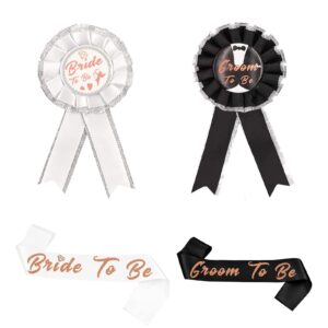 4 pieces groom and bride to be sash tinplate badge brooch set bride to be and groom to be sash and badge pin kit engagement sash for couple bachelorette party accessories bridal shower wedding applies