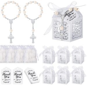 100 pieces baptism favors set includes 25 pieces mini rosary 25 pieces laser cut baptism favor boxes 25 pieces white organza bags and 25 pieces thank you tags for party wedding (silver)