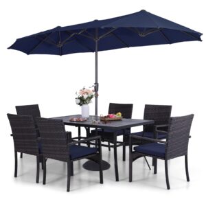 sophia & william 7 pieces patio dining furniture with 13 ft navy double-sided twin umbrella, outdoor rattan chairs & metal table set with cushions and 1.57" umbrella hole for backyard porch poolside