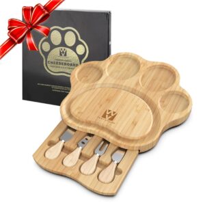 vestaware charcuterie boards, paw shaped cheese fruit board gift set natural bamboo cheese knife serving board set, unique house warming gifts new home