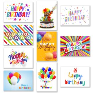 birthday cards bulk, 50 large 4x6 inch assorted greeting notes with envelopes and stickers, 10 unique designs, thick card stock box set, blank inside