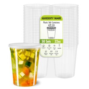 quiddity ware 32oz-deli containers with leakproof lids-50 pack bpa-free plastic microwaveable clear food storage container premium heavy-duty quality, freezer & dishwasher safe