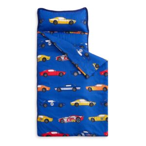 wake in cloud - nap mat with removable pillow for kids toddler boys girls daycare preschool kindergarten sleeping bag, sports race cars supercars on blue, 100% soft microfiber