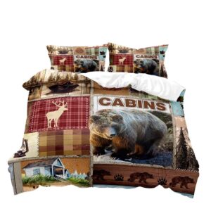 vivihome 3pcs deer black bear bedding, duvet cover queen, rustic bedding, vintage red plaid forest animal wildlife lodge cabin country farmhouse bedding, patchwork quilt comforter cover, 2 pillowcases