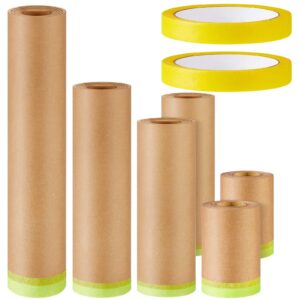 leinuosen 8 rolls masking tape sets includes 6 assorted sizes paint masking paper and 2 vehicles auto body paint tape yellow adhesive painter tape automotive tape for car, furniture, floor