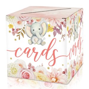 heznzxq pink elephant card box - watercolor floral collapsible money box or gift box for baby shower, bridal shower, birthday party, graduation - 8"x8"x8" party favors decorations boxes(14)