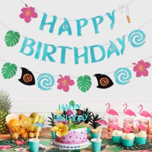 Moana Happy Birthday Banner and Moana Birthday Cake Topper for Moana Birthday Party Decorations Hawaiian Birthday Banner for Tropical Luau Summer Birthday Party Baby Shower Decor