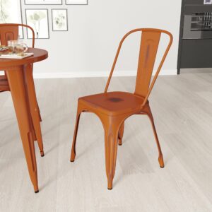 merrick lane banks stacking dining chair - orange metal frame - distressed powder coated finish - curved slat back - 500 lb. static weight capacity