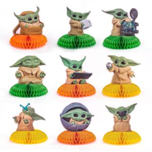 9pcs baby yoda honeycomb centerpieces, baby yoda table topper for birthday party decoration, star war baby table topper centerpieces, baby shower cake topper table decorations