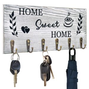 ahys key holder wall mount rustic home sweet home sign with key holder for wall decor key hanger key rack with 6 key hooks wall key holder for entryway living room bedroom - grey