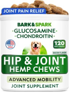 bark&spark advanced hemp chews for dog joint pain relief - glucosamine chondroitin hemp treats hip joint health - joint supplement large breed & small - hemp treats joints old senior dog (120ct/bacon)