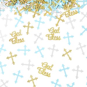 marspark 300 pcs baptism confetti glitter cross god bless table confetti cross decorations for baptism first communion baby shower birthday gender reveal party supplies(blue, gold, white)