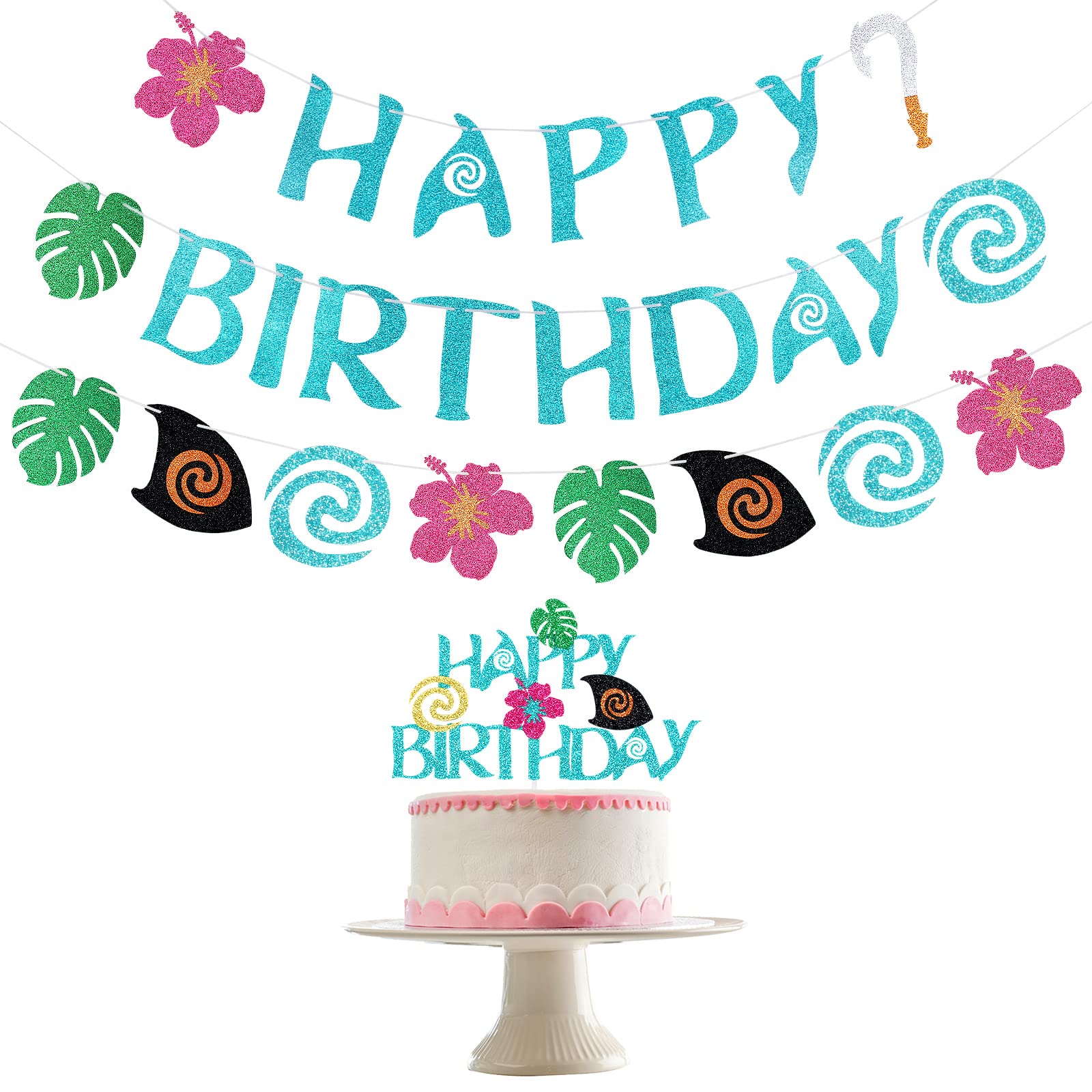 Moana Happy Birthday Banner and Moana Birthday Cake Topper for Moana Birthday Party Decorations Hawaiian Birthday Banner for Tropical Luau Summer Birthday Party Baby Shower Decor