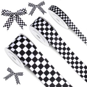 3 rolls black grosgrain ribbon white checkered printed ribbon racing car theme printed checkered ribbon plaid buffalo ribbon for diy crafts wreath party, 0.4, 0.87, 1.5 inch wide, 15 yard (plaid)