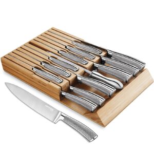 14 pcs german stainless steel kitchen knife set with in-drawer bamboo knife block - 7 chef knives,6 serrated steak knives, knife sharpener, ultra sharp chef knife set with full-tang design