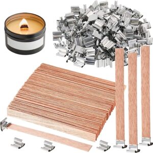 100 pcs wooden candle wicks for candle making,6 inch crackling wood wicks/smokeless candle wick with metal base clip 50 sets