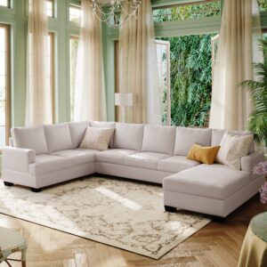 modern large u-shape sectional sofa, soft linen fabric sectional couch with removable cushion,double extra wide chaise lounge couch for living room (beige)